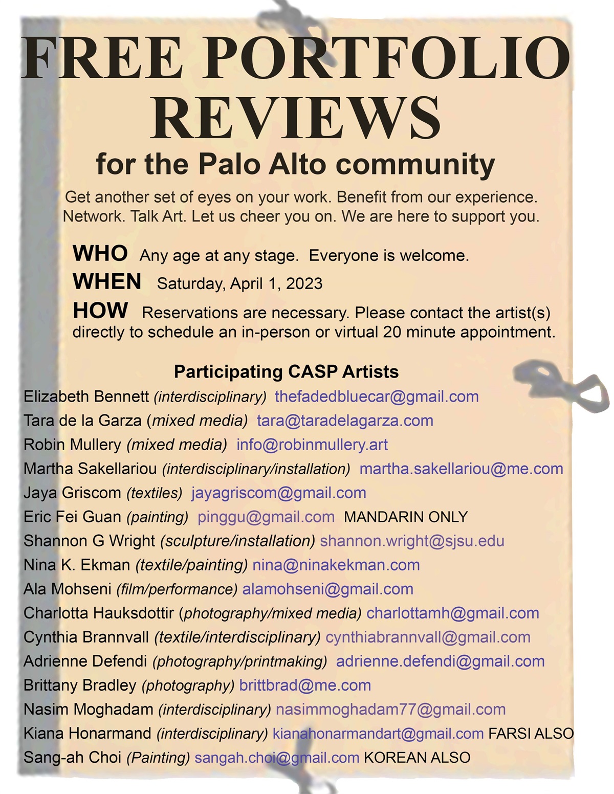 Portfolio Review for Artists at any stage – City of Palo Alto, CA